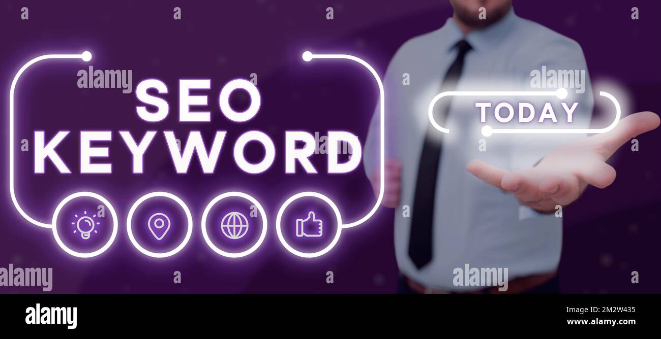 Hand writing sign Seo Keyword. Business showcase phrases in your web ...