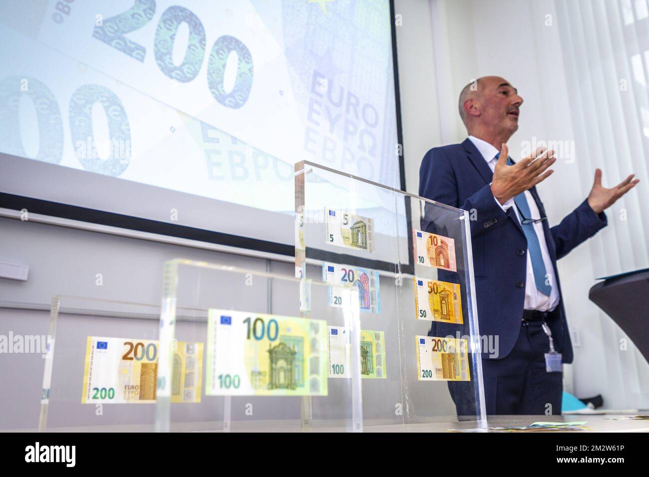 the presentation of new 100 and 200 euro bank notes, at the Belgium ...