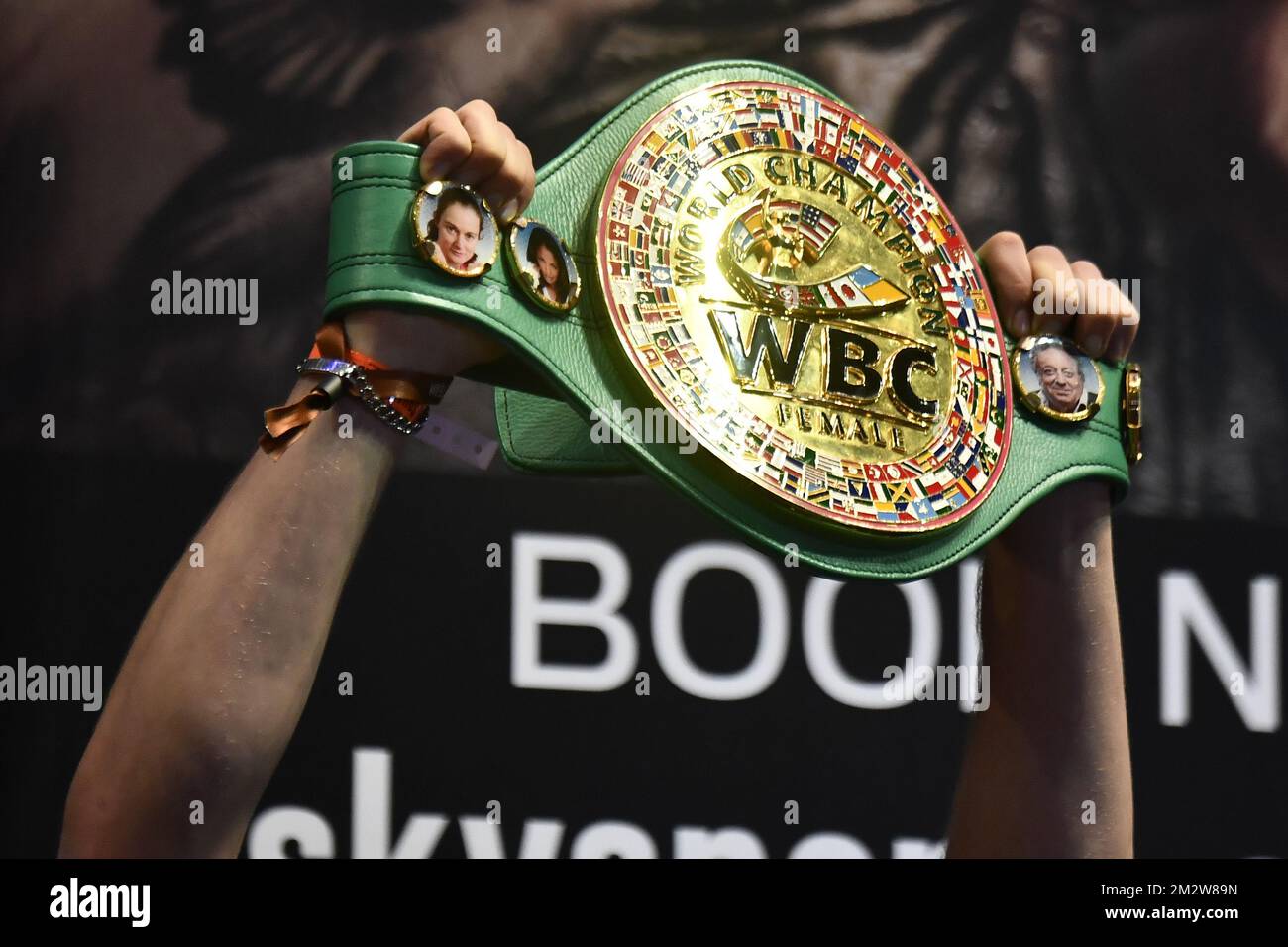 The WBC belt pictured at the weigh-in before the fight between Irish Katie Taylor and Belgian ...