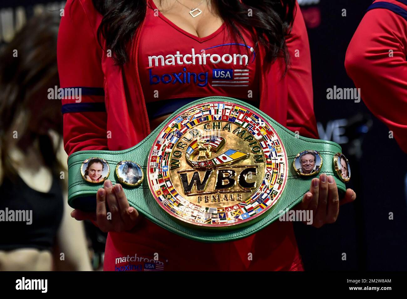The WBC belt pictured at the weigh-in for the fight between Irish Katie Taylor and Belgian ...