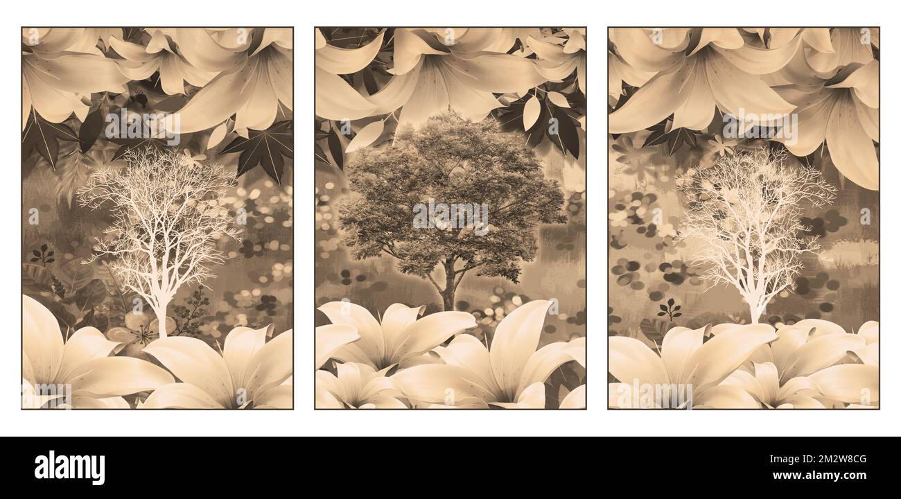 painting floral wall posters. 3d illustration of flowers and tree. wall ...
