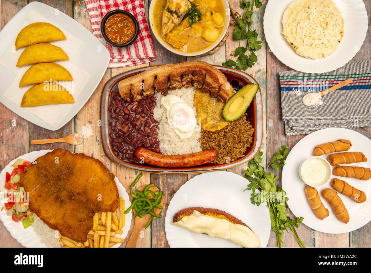 Still life of typical Colombian and Venezuelan recipes, bandeja paisa ...