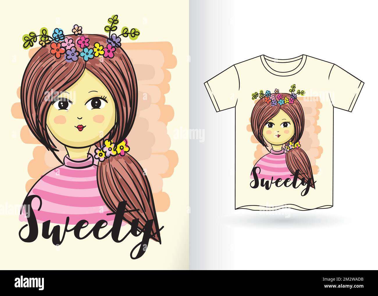 Hand drawn cute girl for t shirt with template Stock Vector Image & Art ...