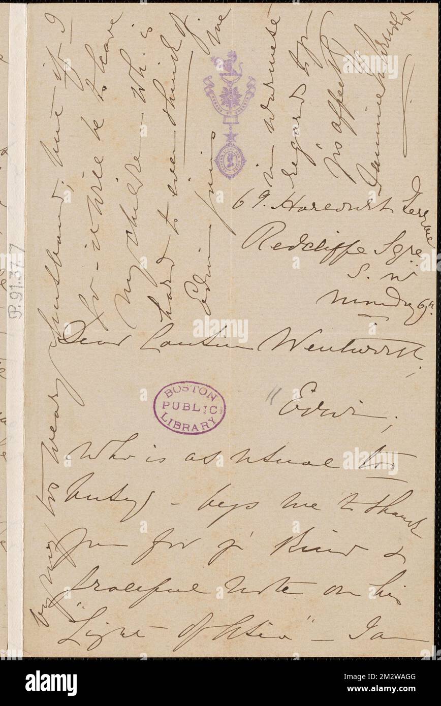 Fannie Maria Adelaide Arnold autograph letter signed to Thomas ...