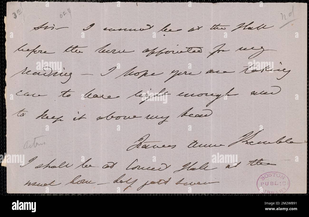 Fanny Kemble autograph note signed to [Thomas Wentworth Higginson ...