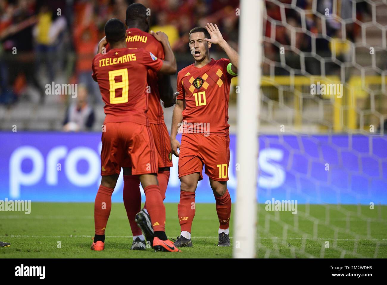 Belgium's Romelu Lukaku celebrates after scoring during a soccer game ...