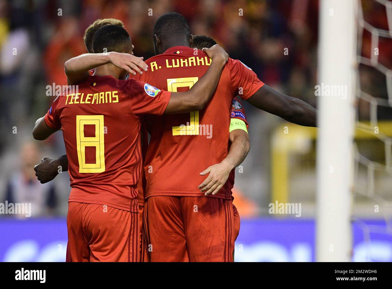Belgium's Romelu Lukaku celebrates after scoring during a soccer game ...
