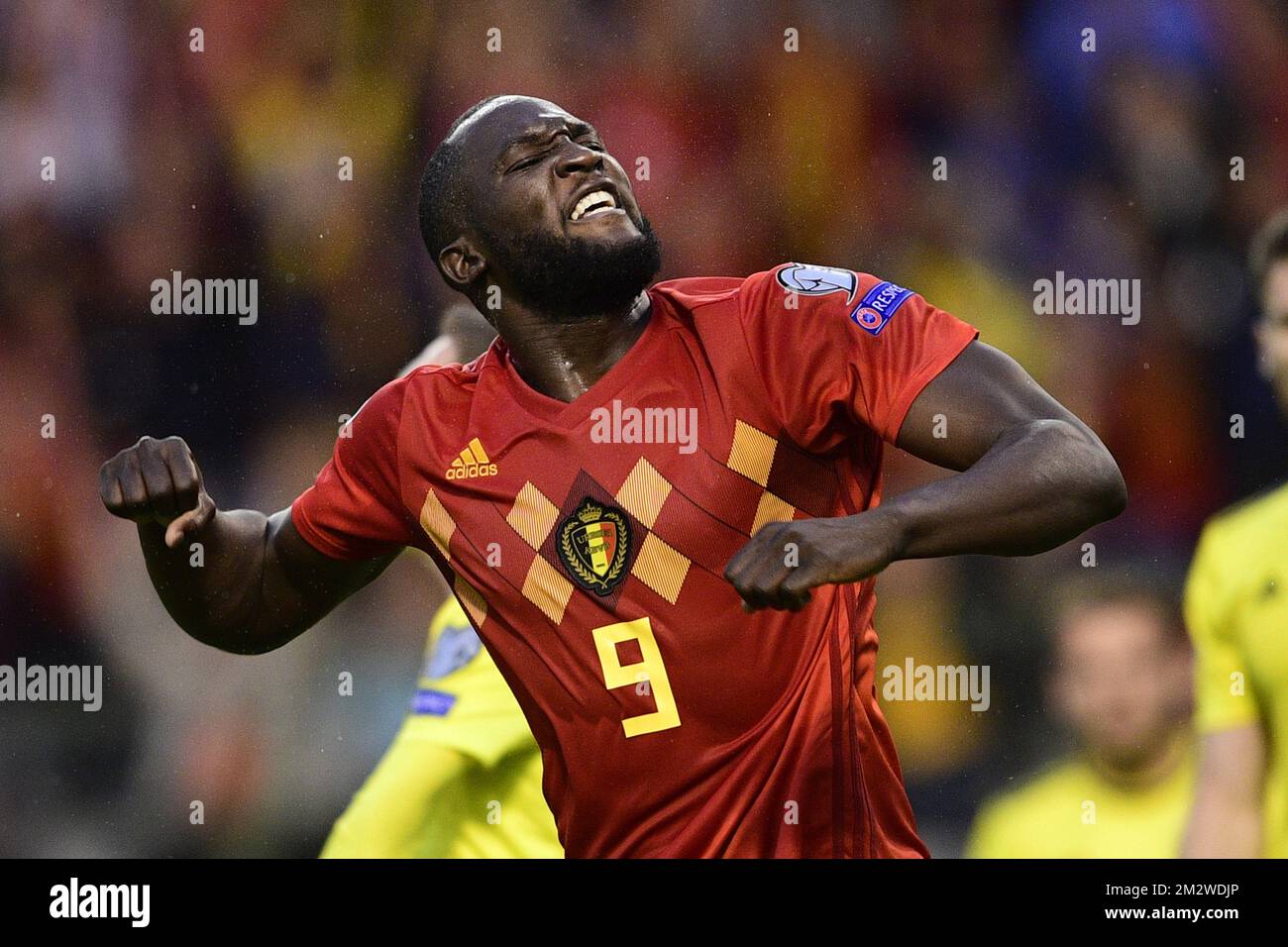 Belgium's Romelu Lukaku celebrates after scoring during a soccer game ...