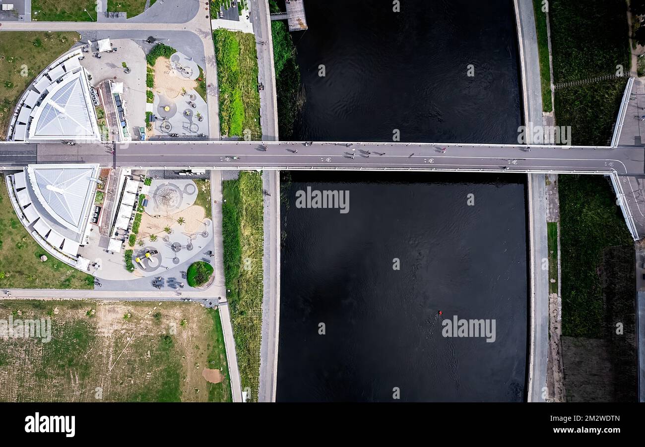 An aerial shot of the White bridge over the Neris River in Vilnius ...