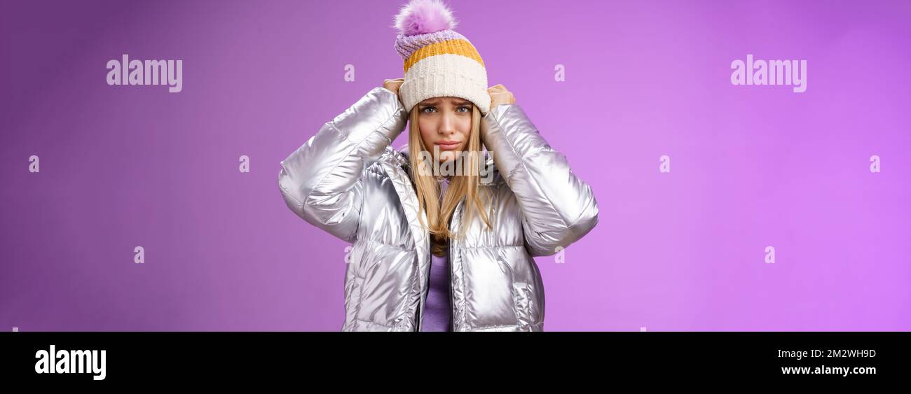 Upset gloomy complaining blond girlfriend whining standing upset ...