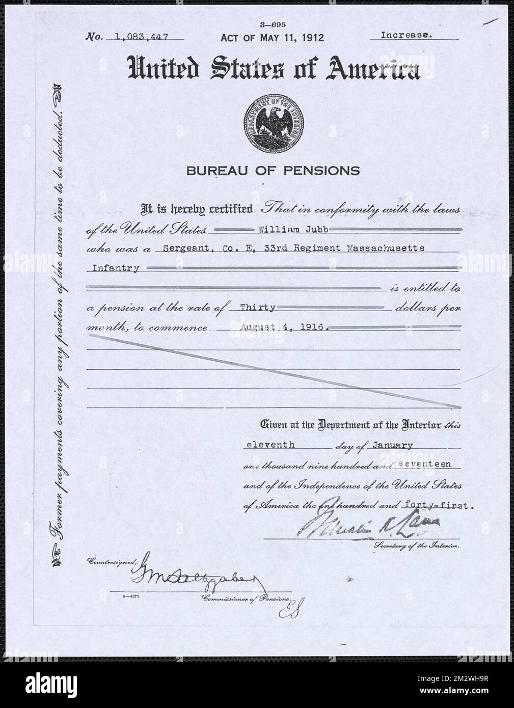 Federal pension document, 1917 , Military officers, Jubb, William C ...