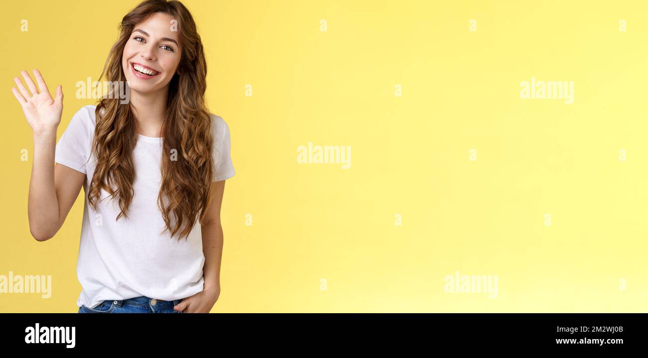 Modest cute friendly outgoing attractive european woman long curly ...