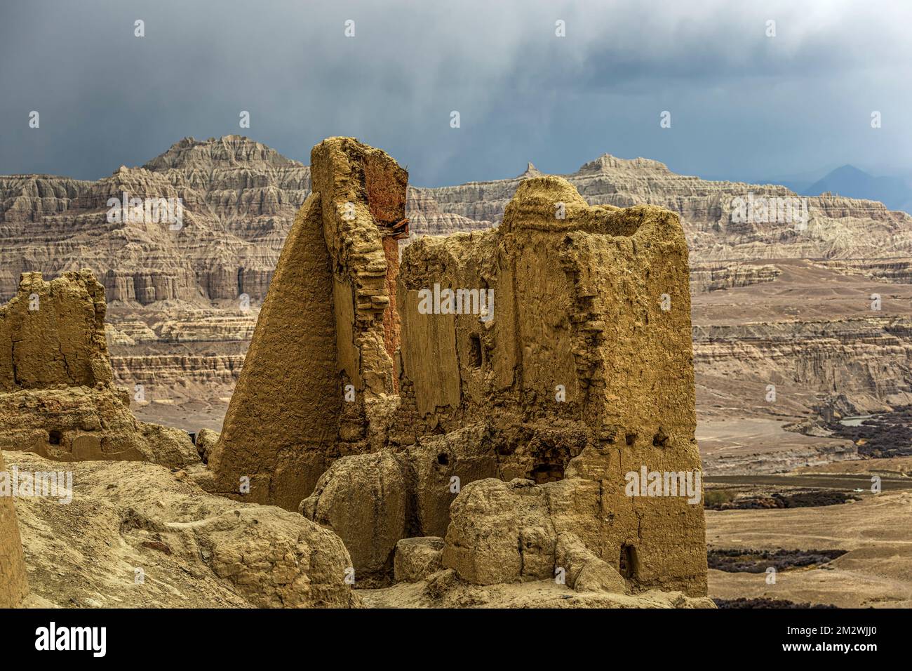 The ruins of the historic Guge Kingdom with destroyed walls and ...