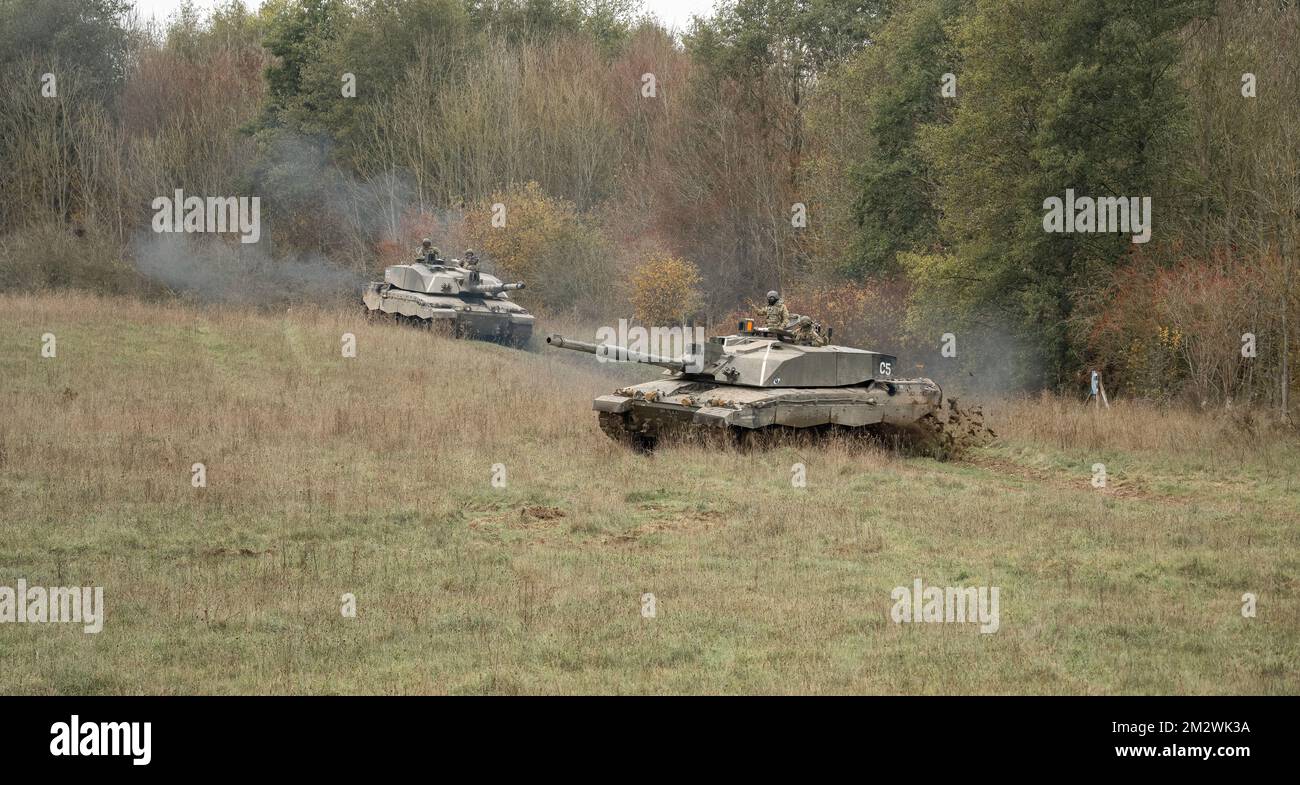 two British army FV4034 Challenger 2 ii main battle tanks on a military ...