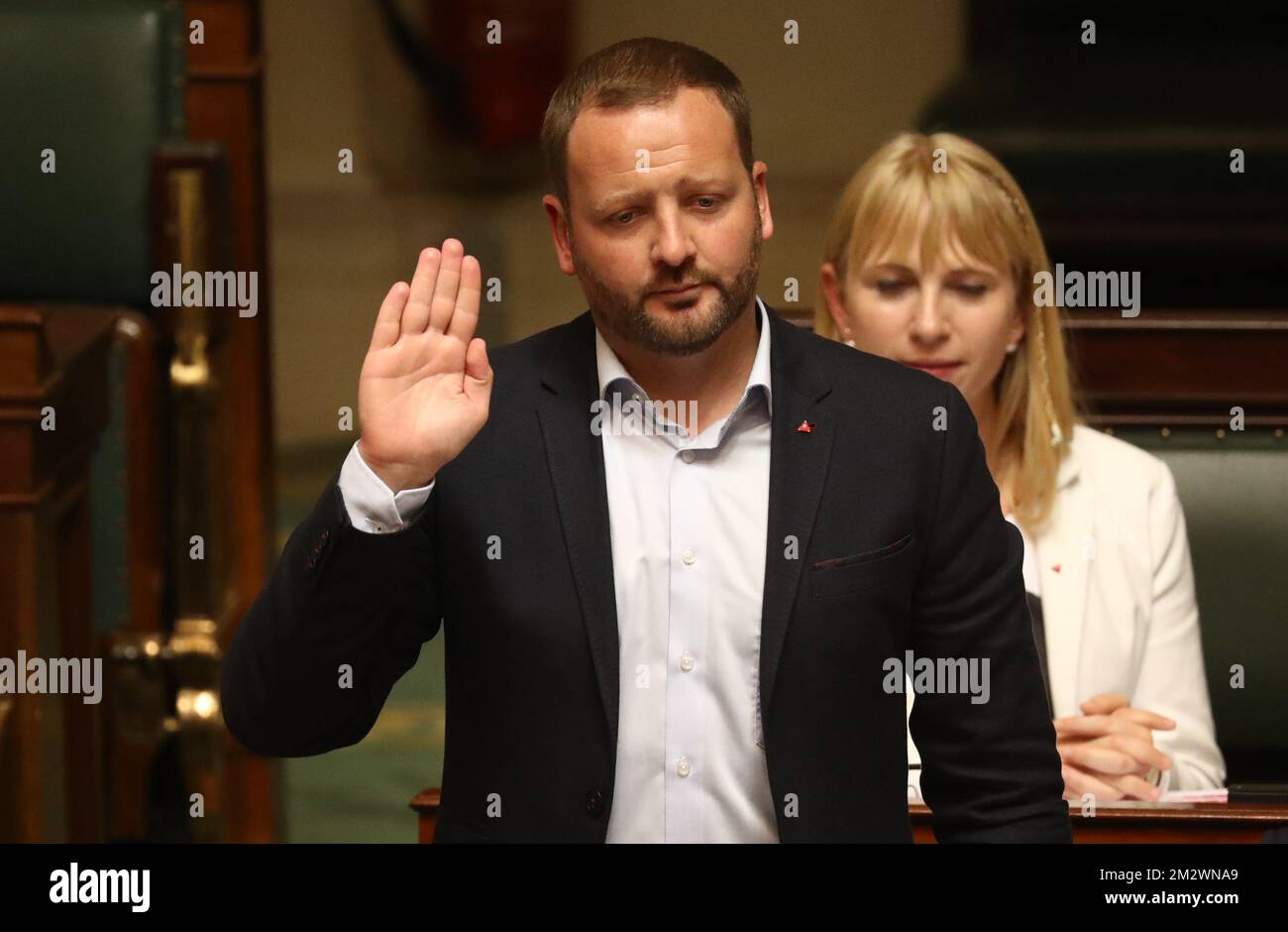 PS' senator Patrick Prevot pictured during the oath ceremony at the installation of the Chamber ...