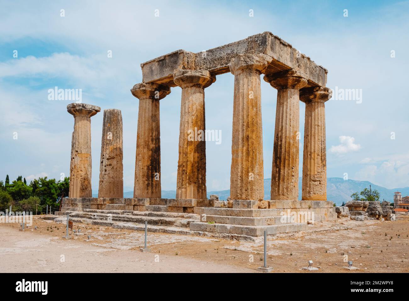 the famous Temple of Apollo, built in Doric style, in Corinth, Greece ...