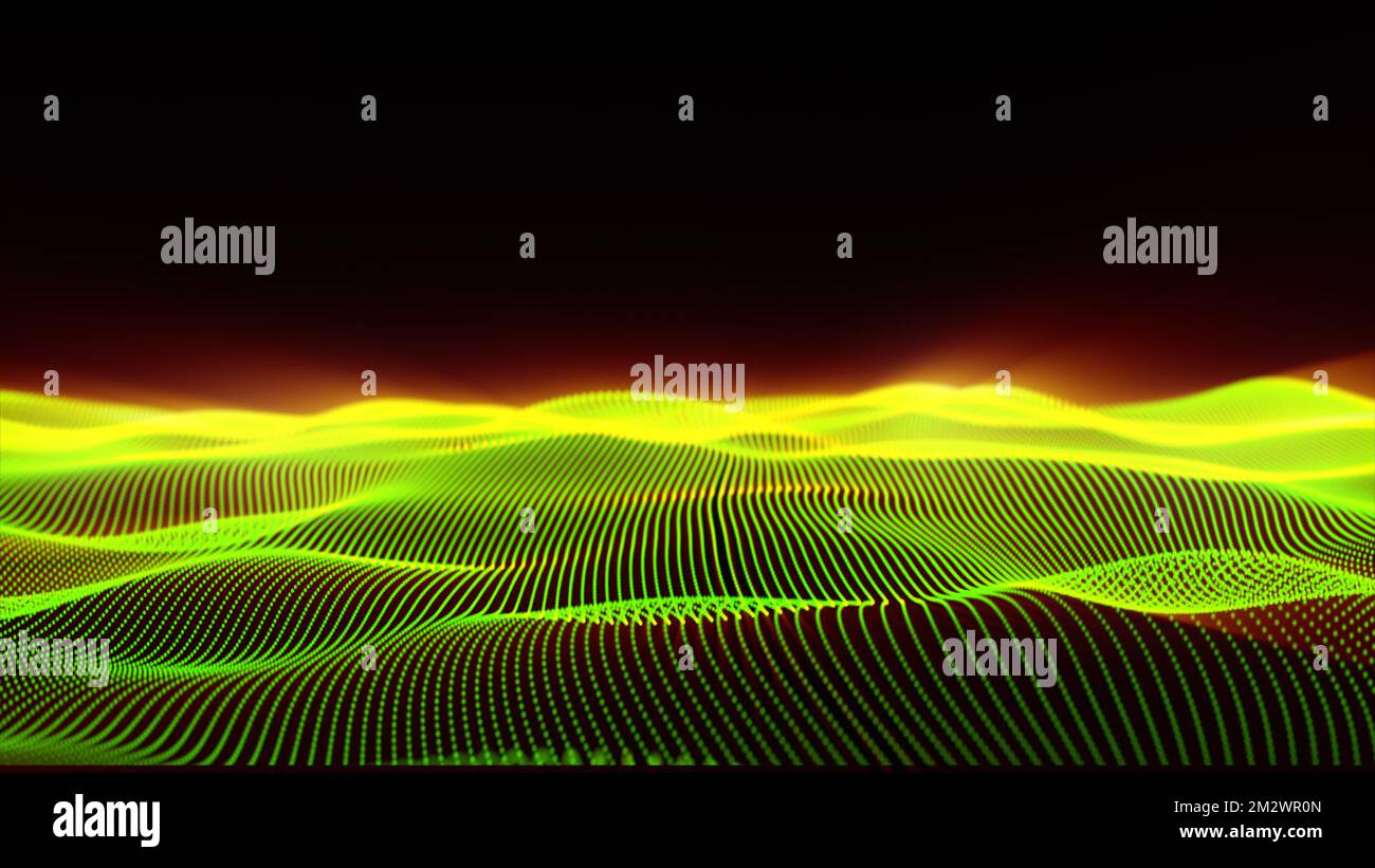 Green particles wave flow digital abstract background isolated on black ...