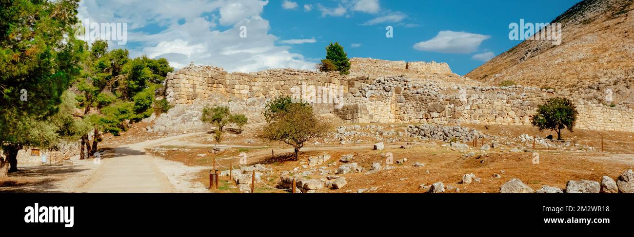 view of the ruins of the acropolis of Mycenae, in present-day Argolis ...