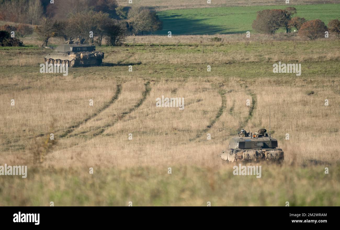 two British army FV4034 Challenger 2 ii main battle tanks on a military ...