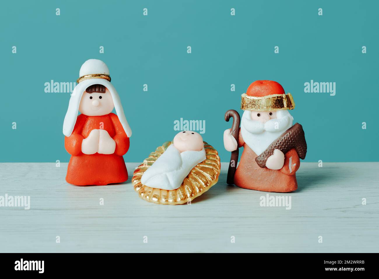 closeup of a childish depiction of the holy family, formed by the child ...