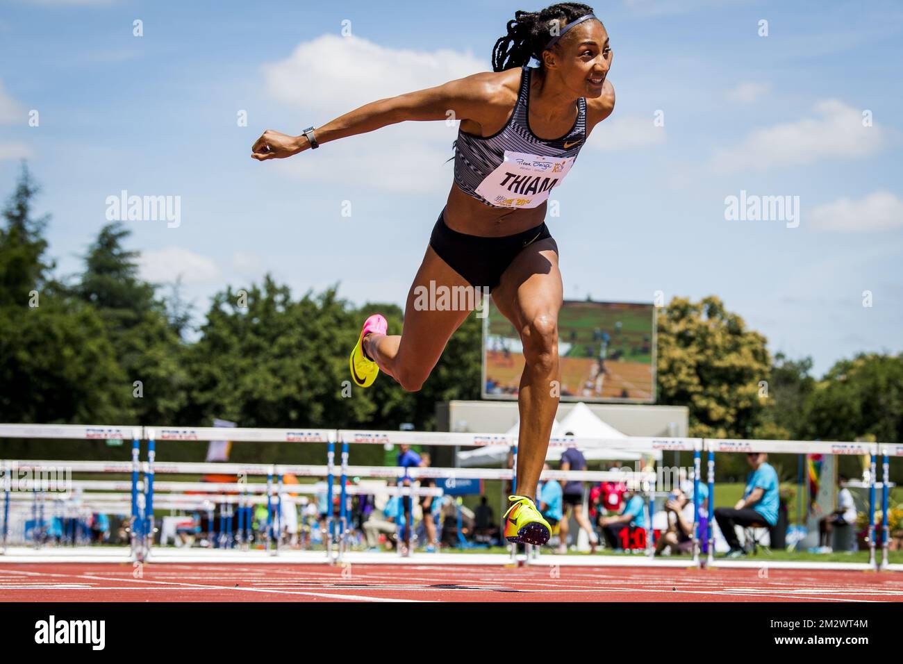 Belgian Nafissatou Nafi Thiam pictured in action during 100m hurdles race the first day of ...