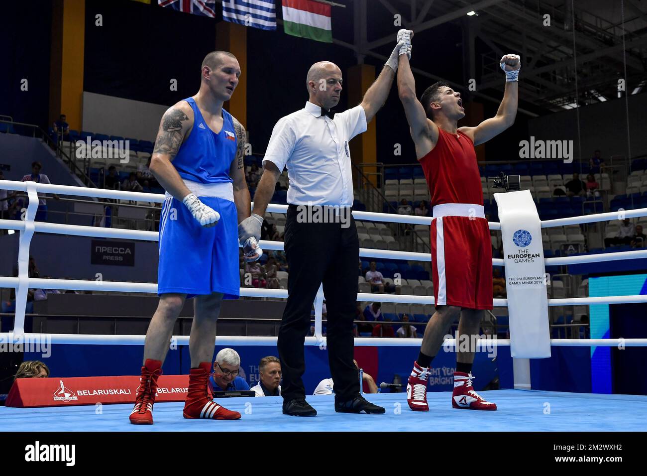Belgian boxer Ziad El Mohor (red corner) and Czech boxer Jan Muzik ...