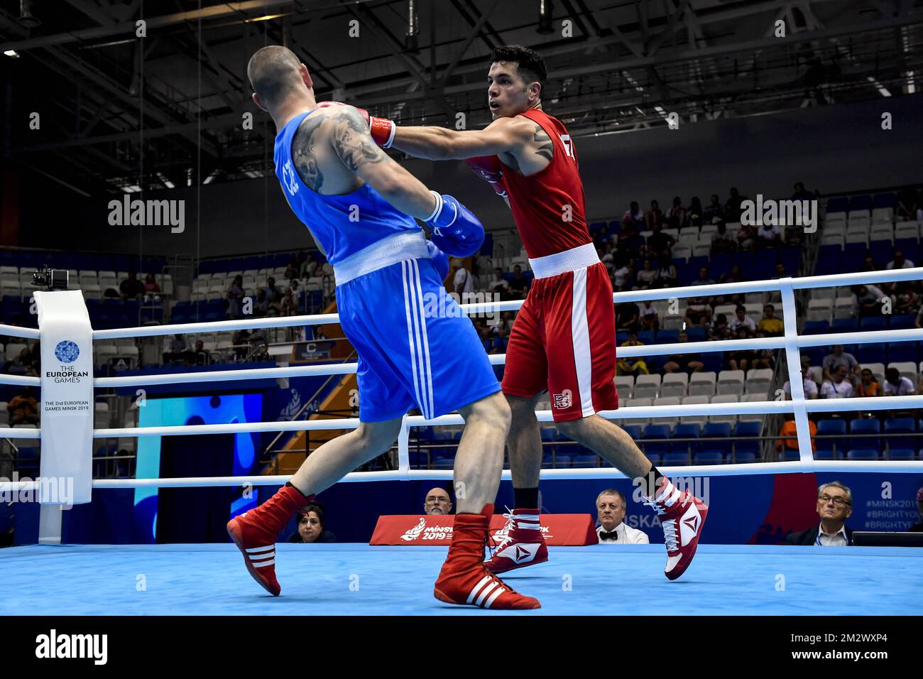 Belgian boxer Ziad El Mohor (red corner) and Czech boxer Jan Muzik ...