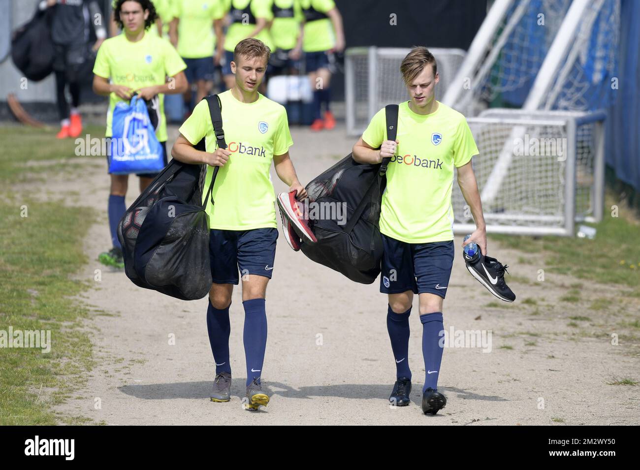 Genk's Benjamin Nygren (L) pictured during a training of Belgian soccer ...