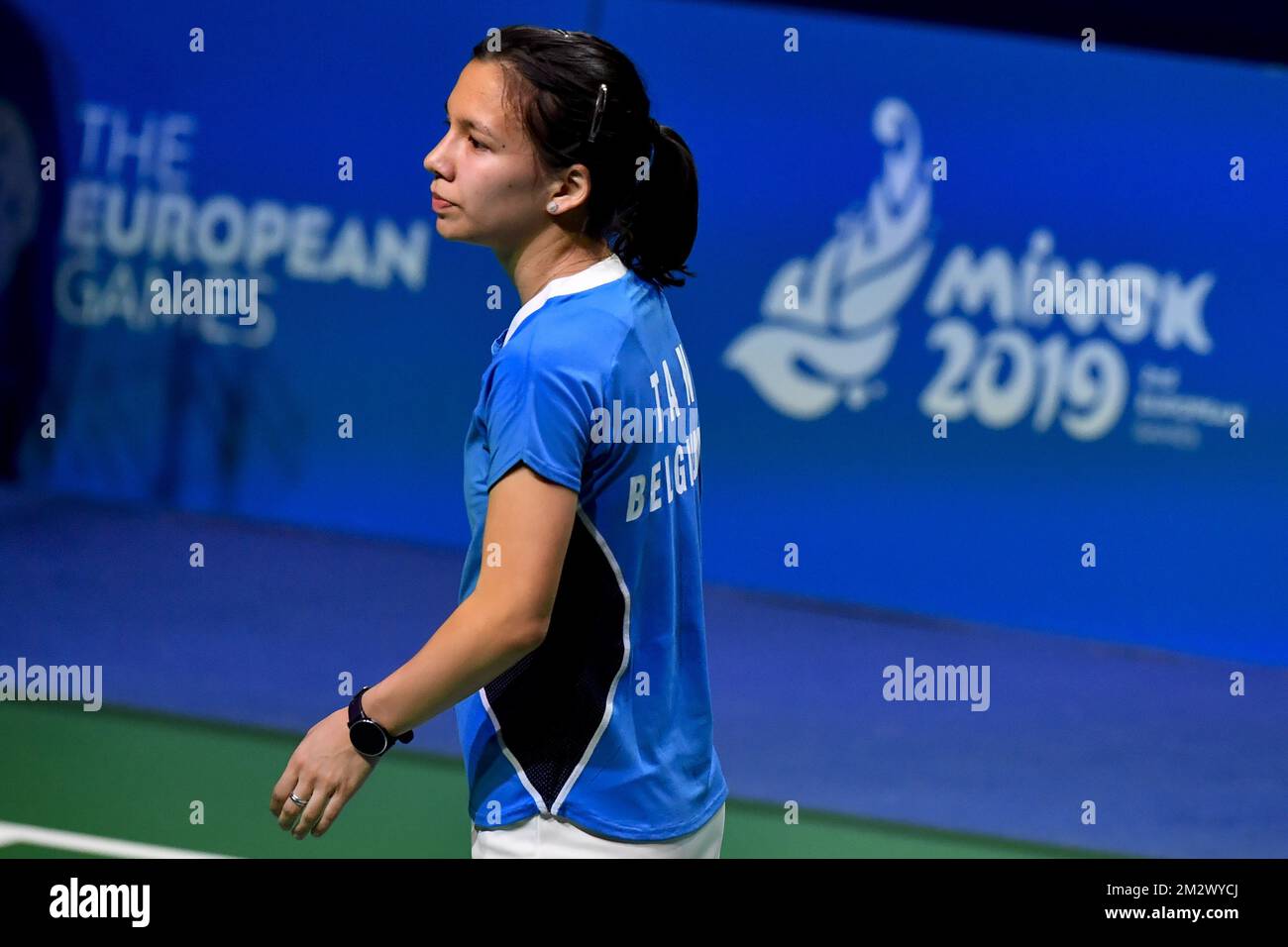 Belgian Lianne Tan looks dejected during the group stage badminton ...