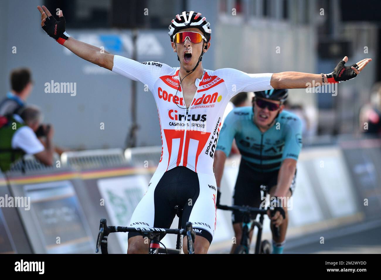 Belgian Dries De Bondt of Corendon-Circus celebrates as he crosses the ...