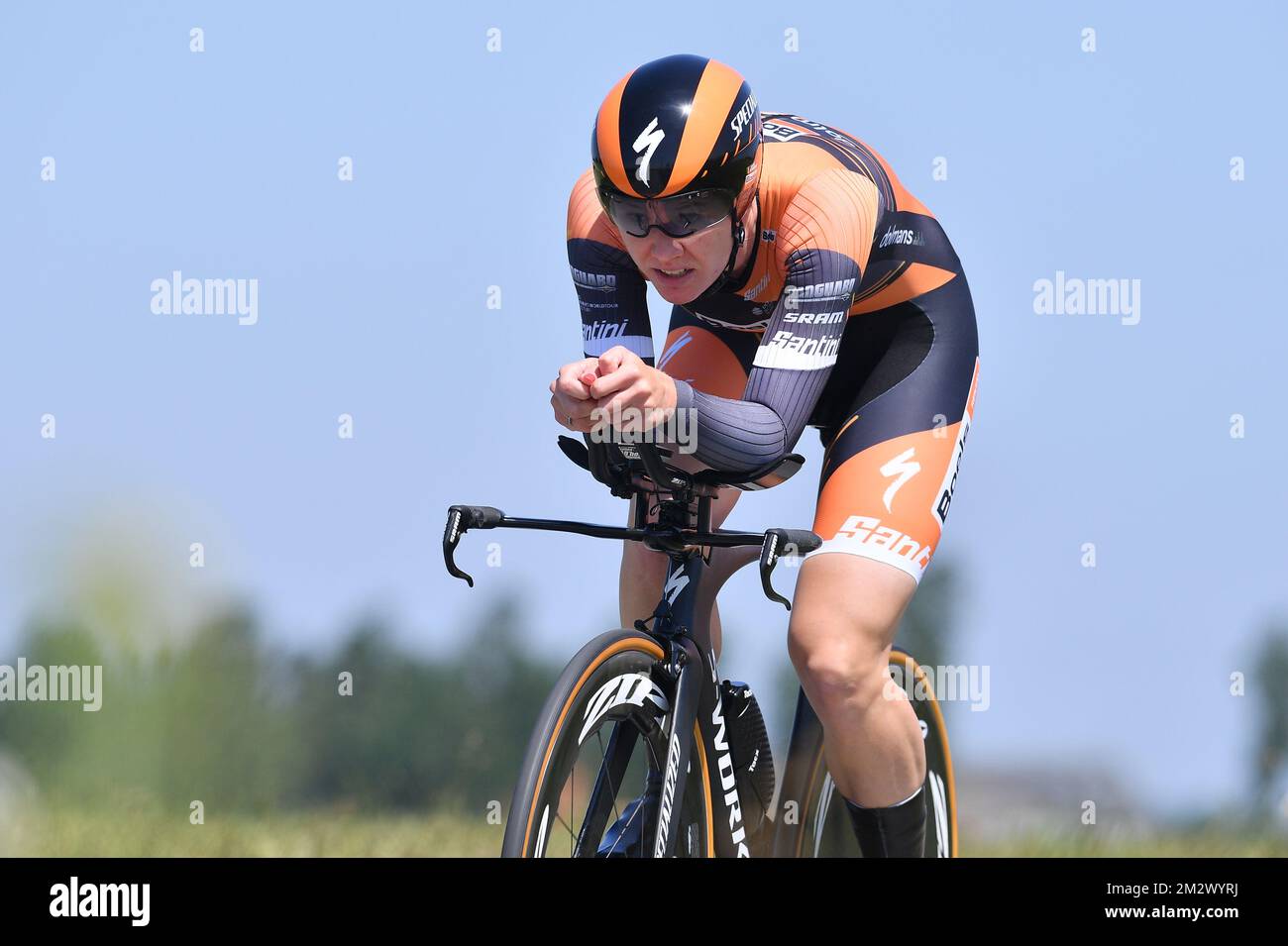 Unidentified cyclist in action at the women's elite time trial race of 26 km at the Belgian ...