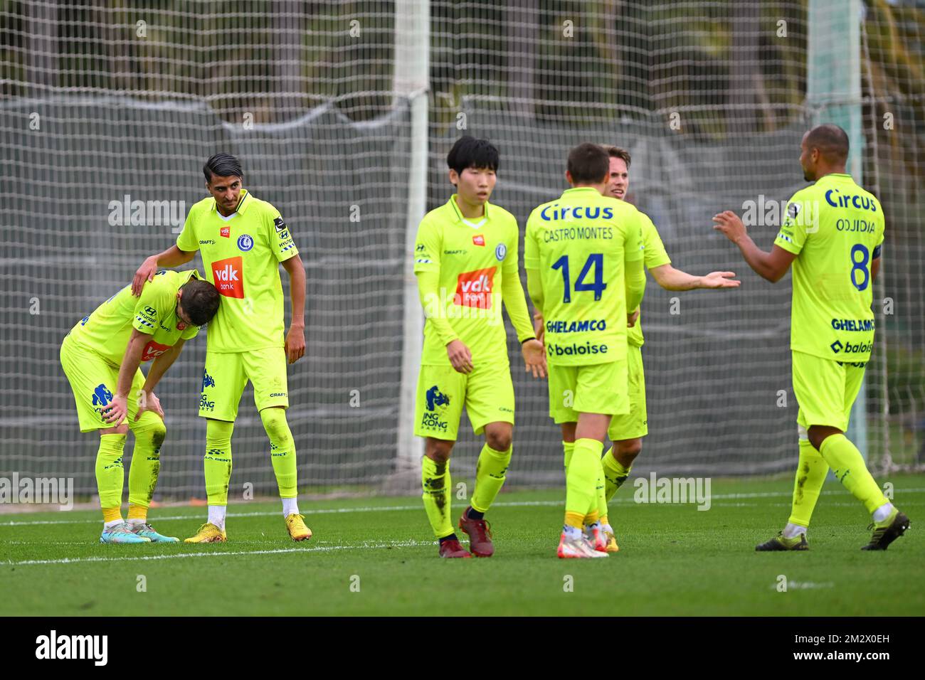 Gent's players celebrate after scoring during a friendly game at the ...