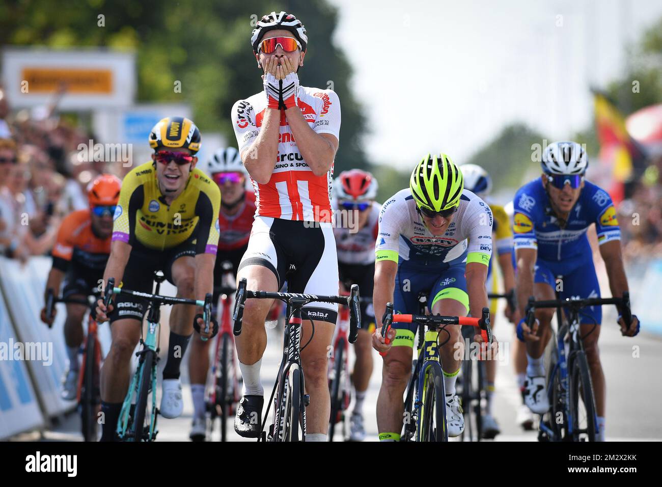 Belgian Tim Merlier of Corendon-Circus celebrates as he crosses the ...