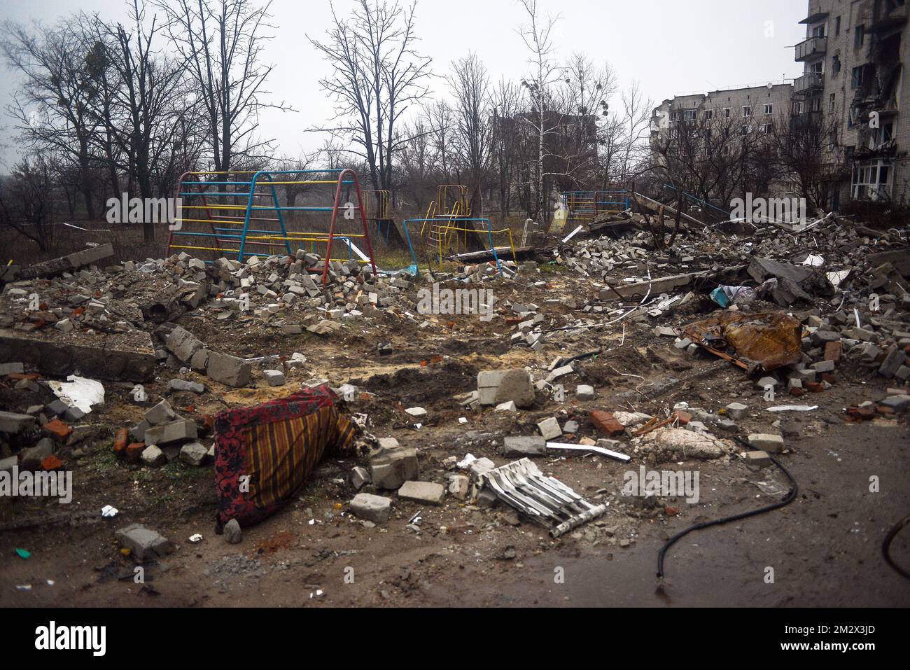 KHARKIV REGION, UKRAINE - DECEMBER 13, 2022 - A building destroyed as a ...
