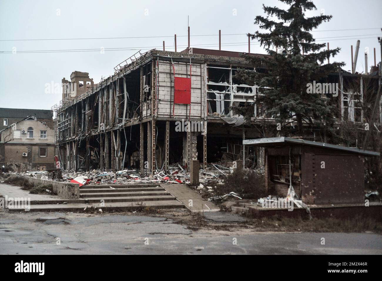 KHARKIV REGION, UKRAINE - DECEMBER 13, 2022 - A building destroyed as a ...