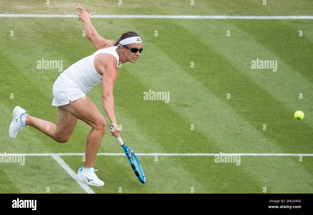 Belgian Kirsten Flipkens (WTA 103) pictured in action during her tennis game against Taiwanese ...