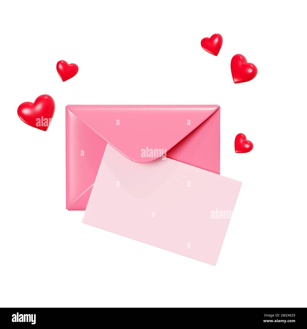 Love letter 3d render - open pink envelope with paper card and flying ...