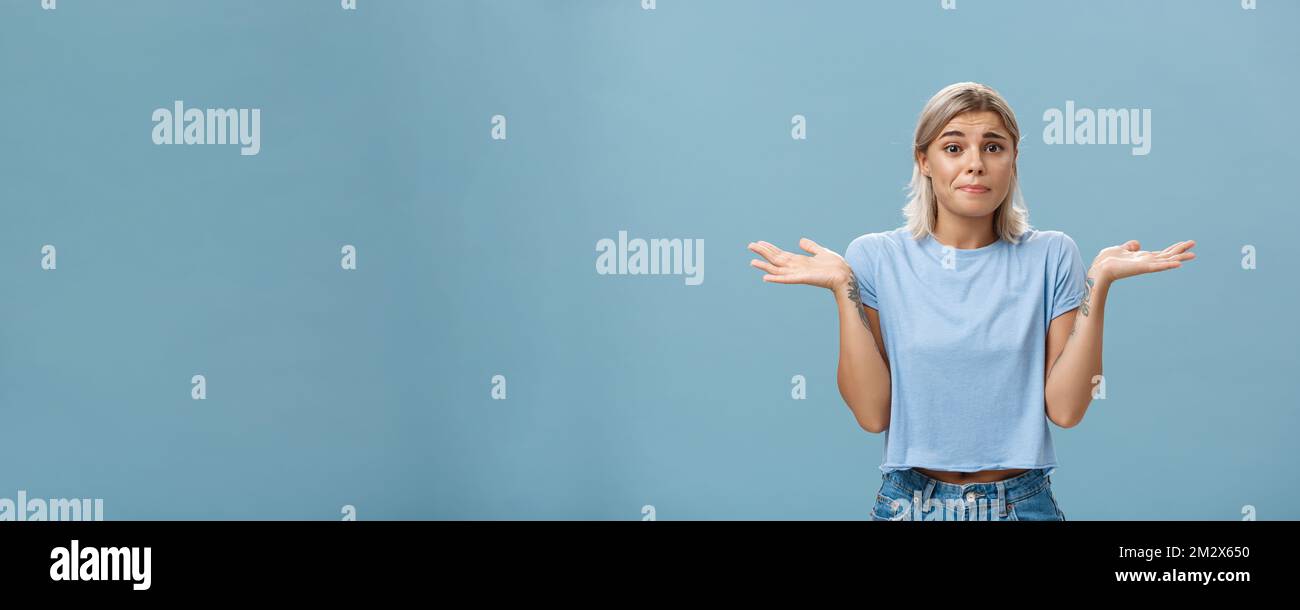 No idea how help sorry. Portrait of unsure gloomy girlfriend feeling ...