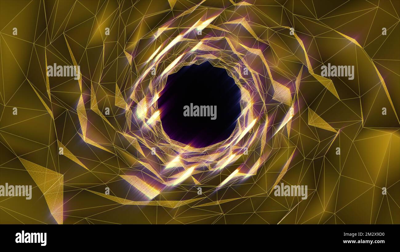 Abstract 3d portal. Tunnel or wormhole. Digital yellow background with ...