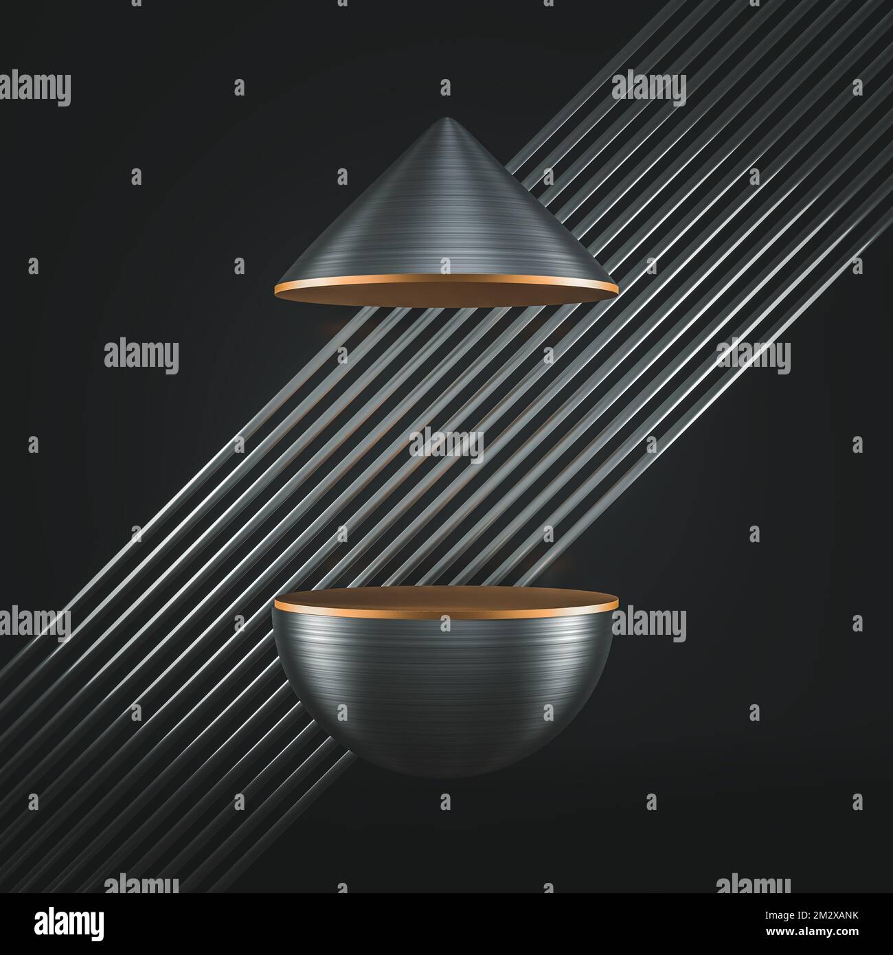 abstract background with steel and gold hemisphere and cone. 3d render ...