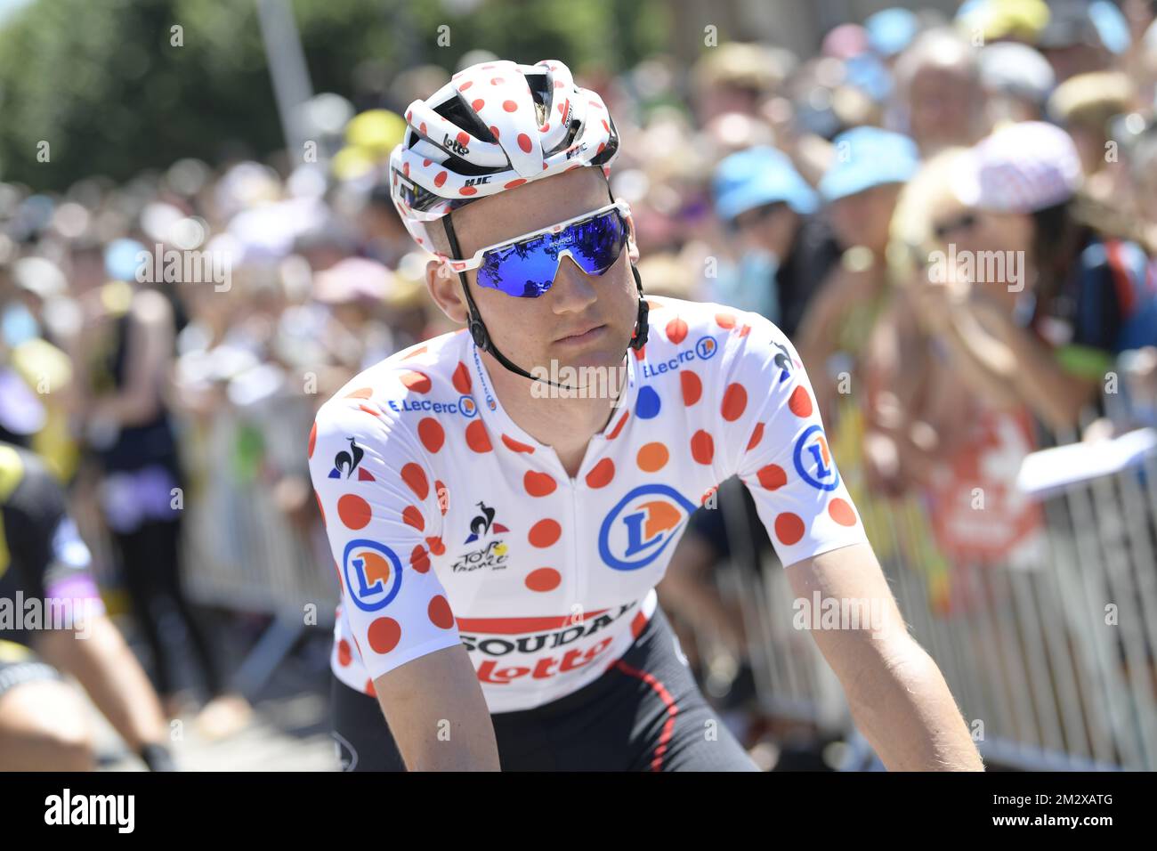 Belgian Tim Wellens of Lotto Soudal wearing the red polka-dot jersey ...