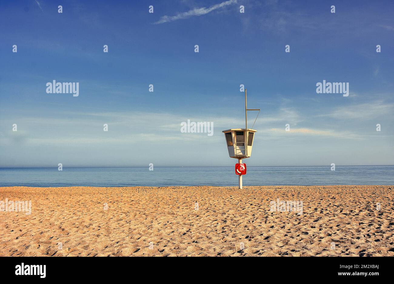 Rescue tower on the empty beach of the seaside resort of Dahme, Baltic ...