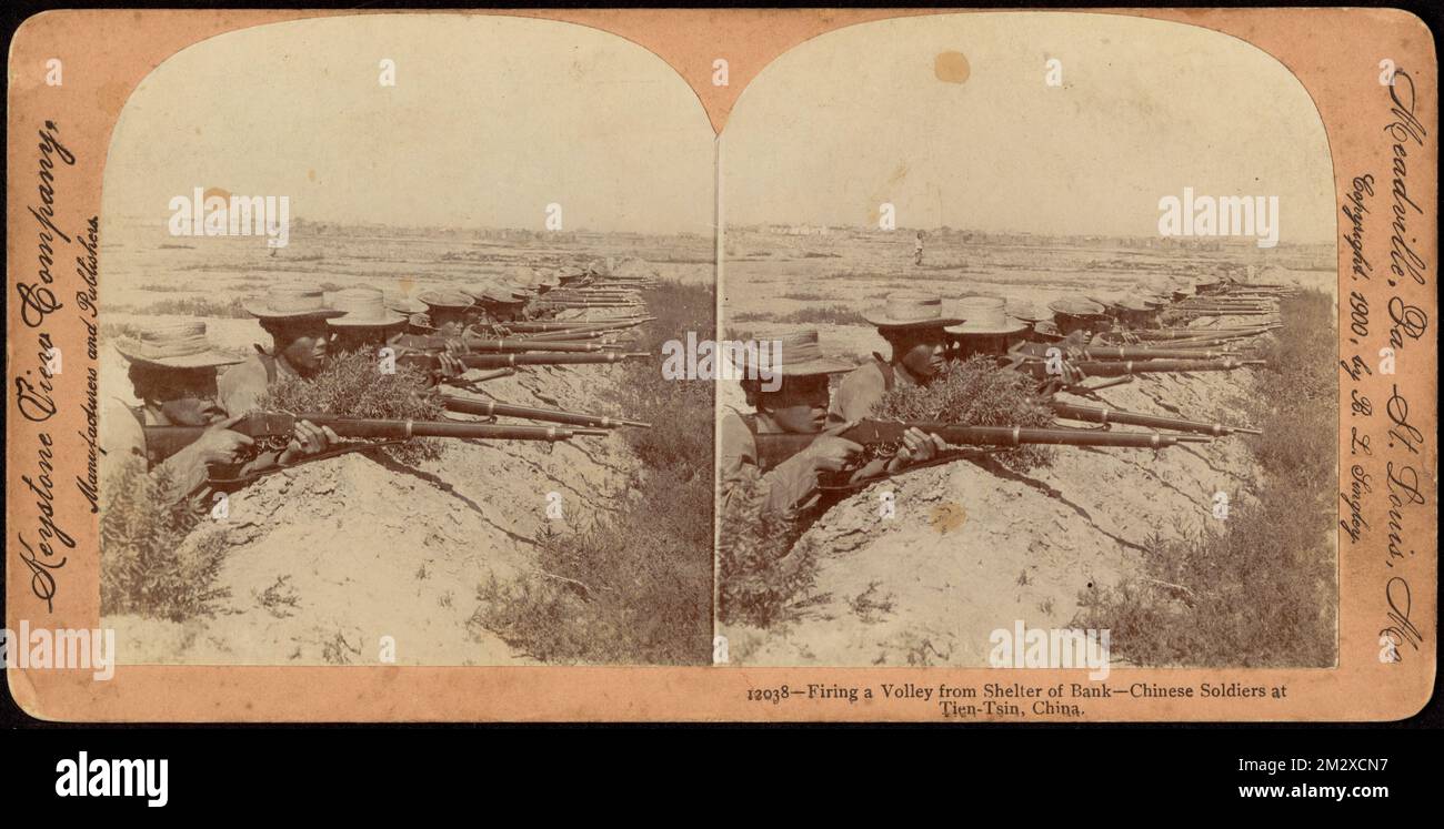 Firing a volley from shelter of bank - Chinese soldiers at Tien-Tsin ...