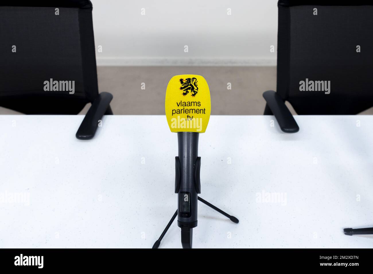 A microphone pictured at a bureau meeting at the Flemish Parliament in ...