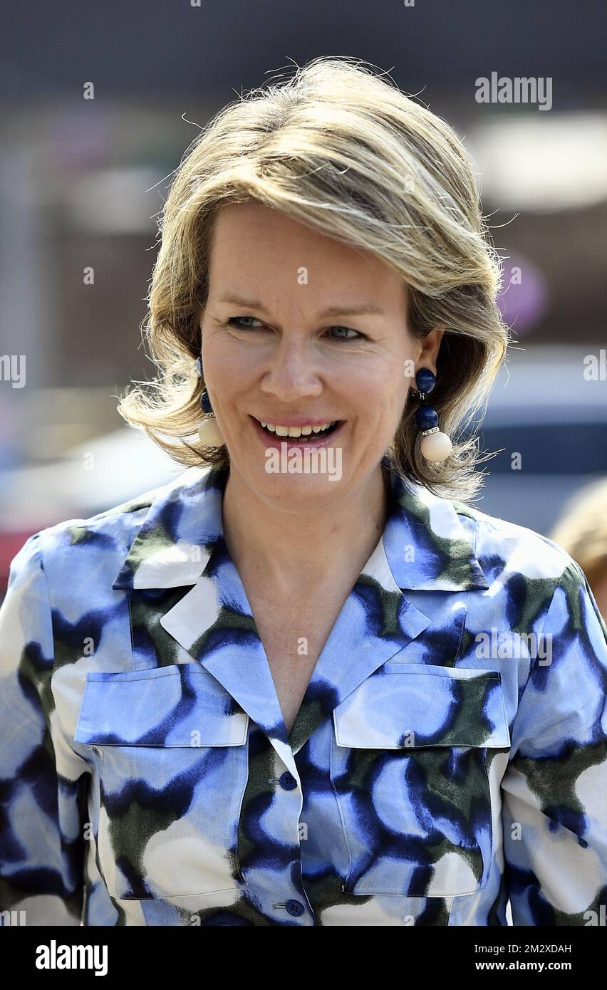 Queen Mathilde of Belgium pictured during a royal visit to the 'Speelplein Ruimte' summer camp ...