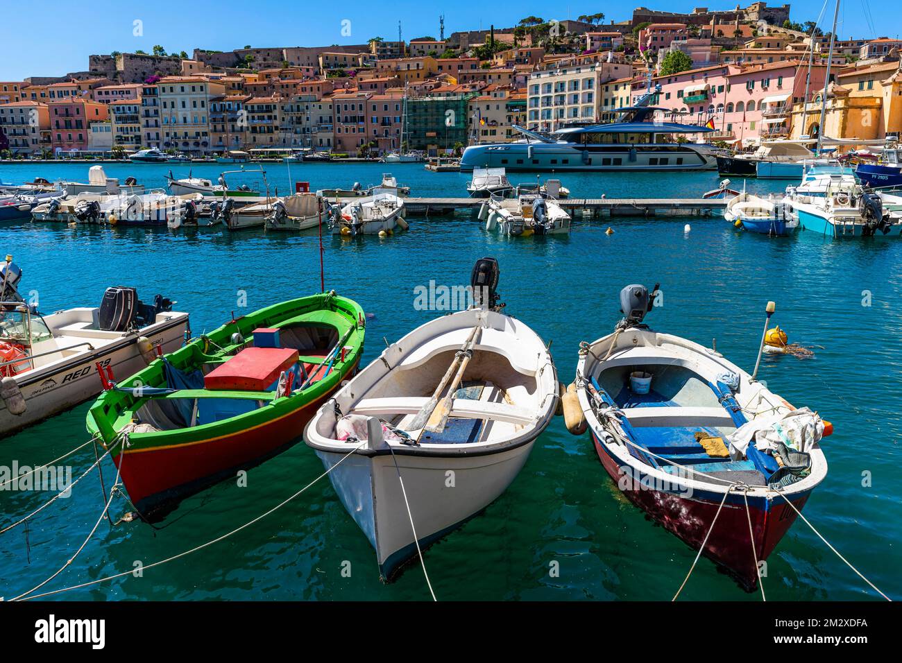 Portoferraio harbour with anchored boats, Elba, Tuscan Archipelago ...