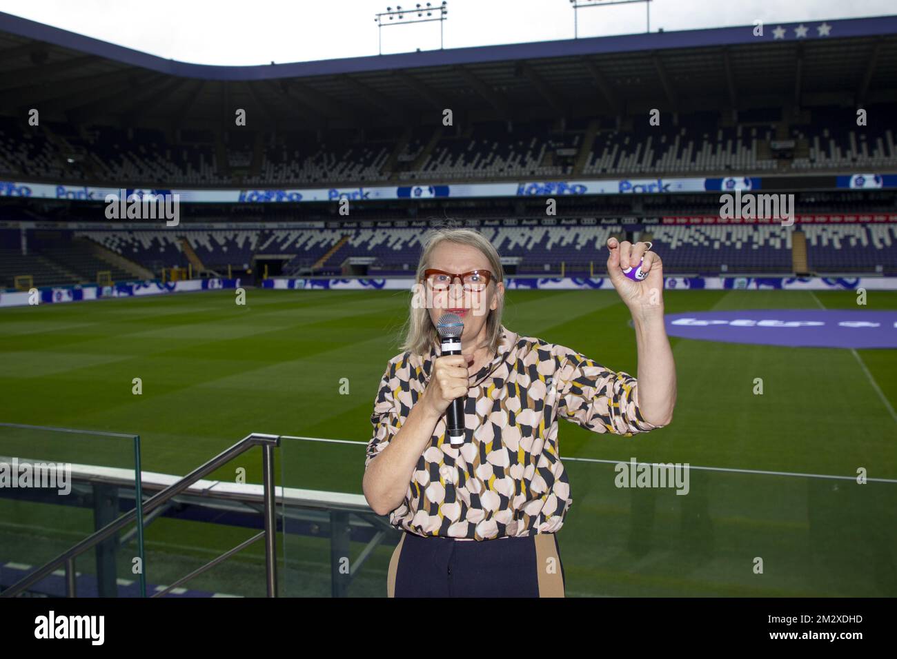 Benedicte Lobelle of the Nationale Loterij Loterie Nationale delivers a speech at a press conference of Jupiler Pro League team RSC Anderlecht Friday 12 July 2019 in Brussels. Today the club