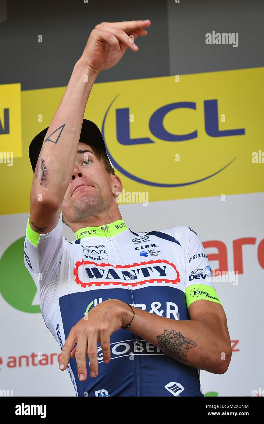 French Yoann Offredo of Wanty-Gobert Cycling Team on the podium of the ...