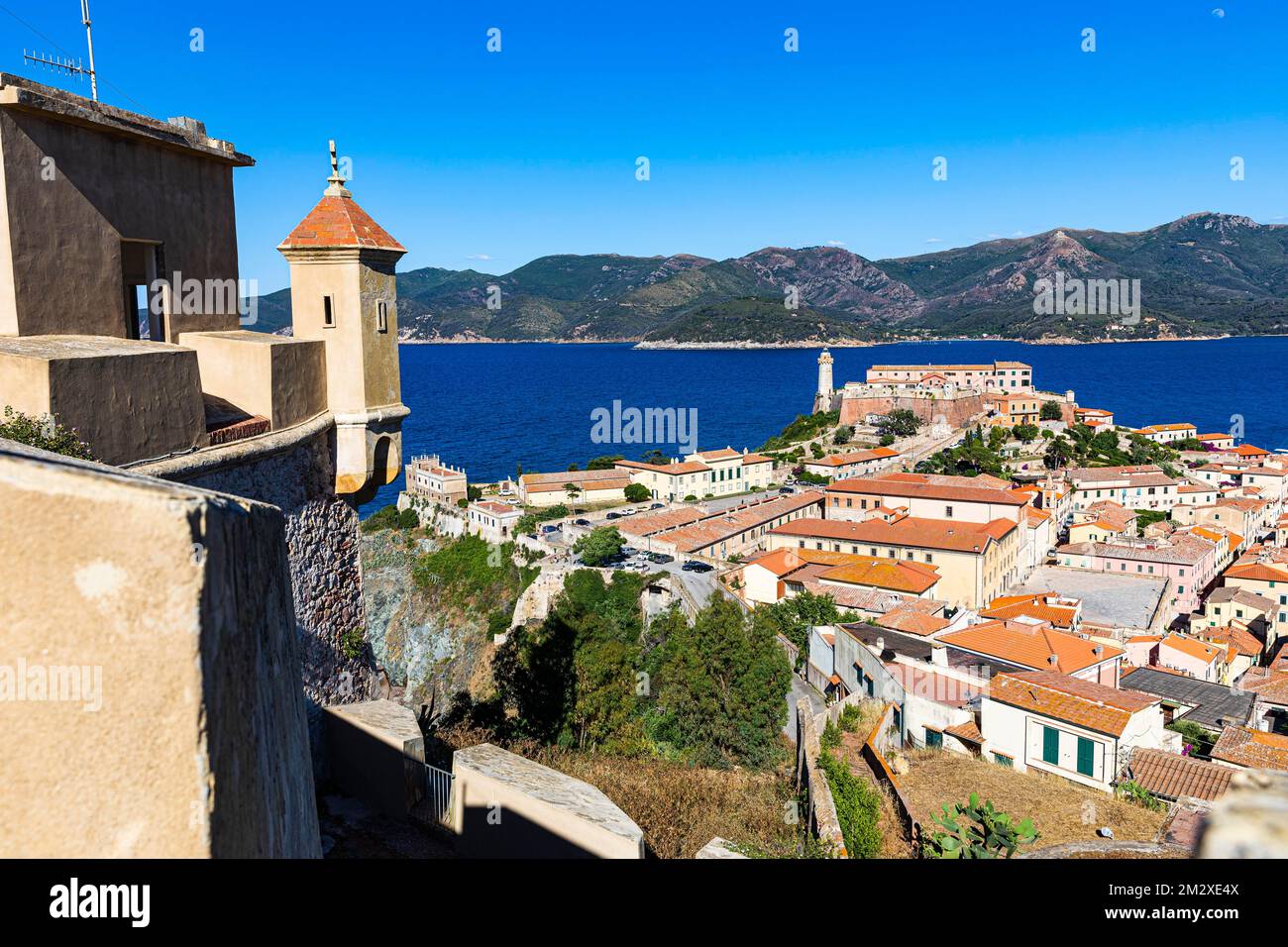 View from Forte Falcone to Portoferraio with the Fortezze Medici and ...