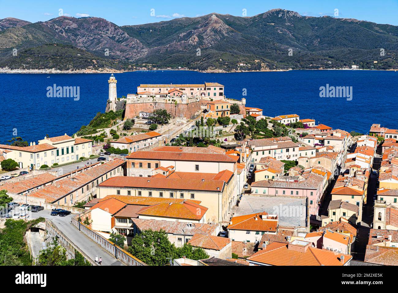 View from Forte Falcone to Portoferraio with the Fortezze Medici and ...
